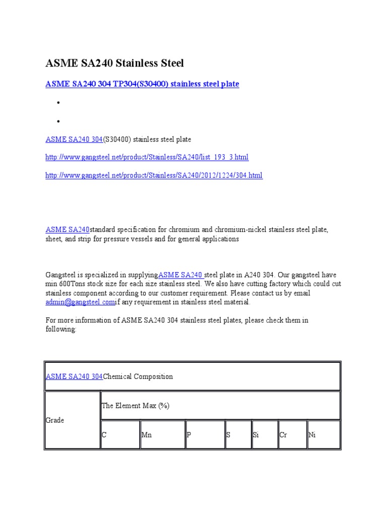 ASME SA240 Stainless Steel | PDF | Technology & Engineering