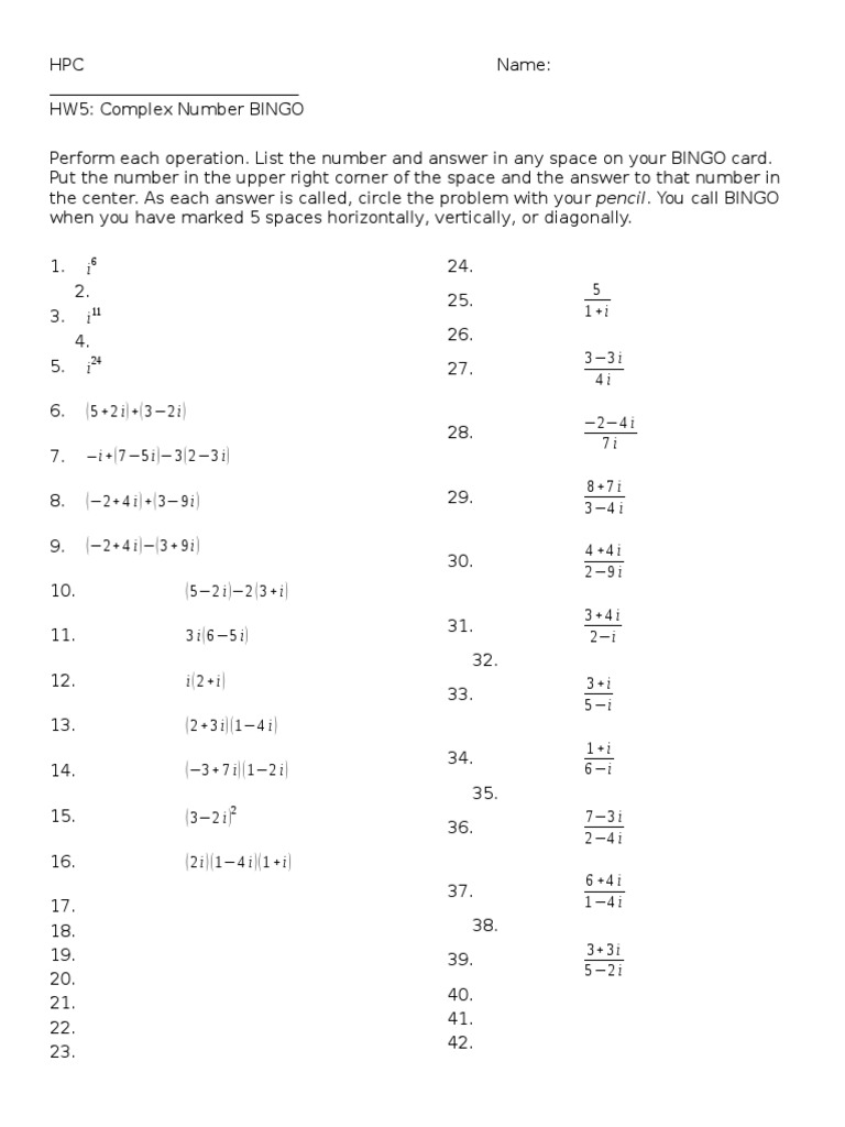 Complex Number Bingo Game | PDF | Teaching Methods & Materials