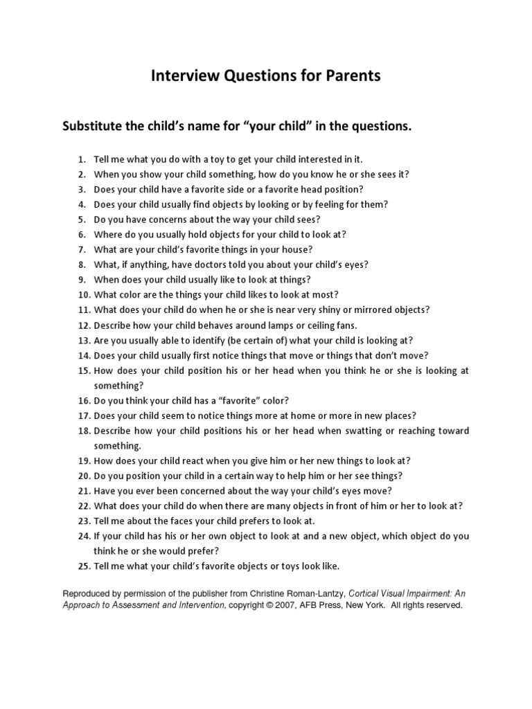 Interview Questions For Parents: Substitute The Child's Name For "Your ...