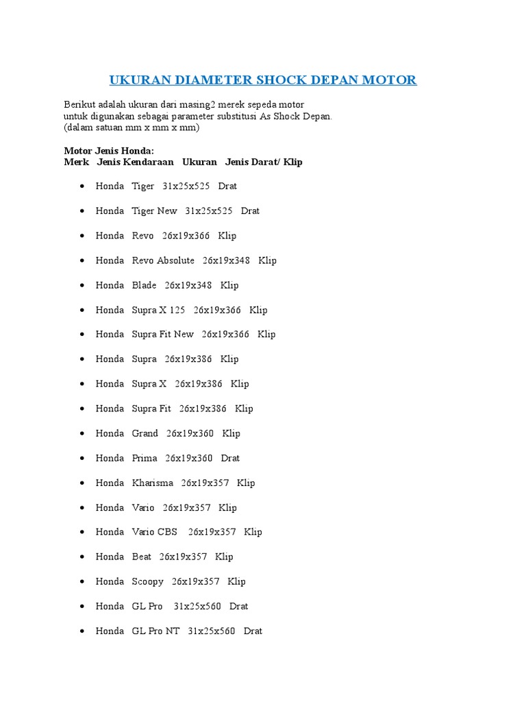 Ukuran Diameter Shock Depan Motor | PDF