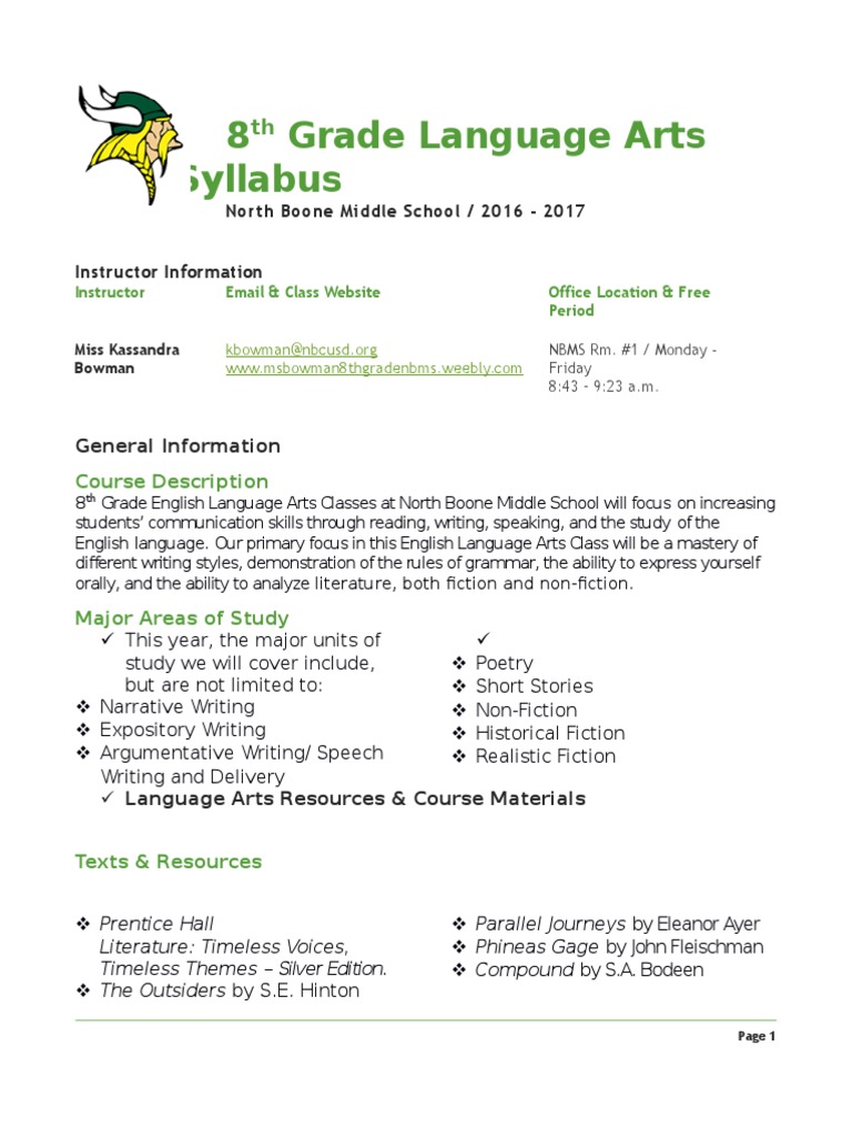 8th Grade Language Arts Syllabus 2016 17 | PDF | Homework | Classroom
