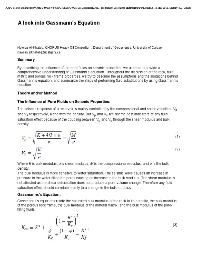A Look Into Gassmann's Equation | PDF | Porosity | Shear Stress
