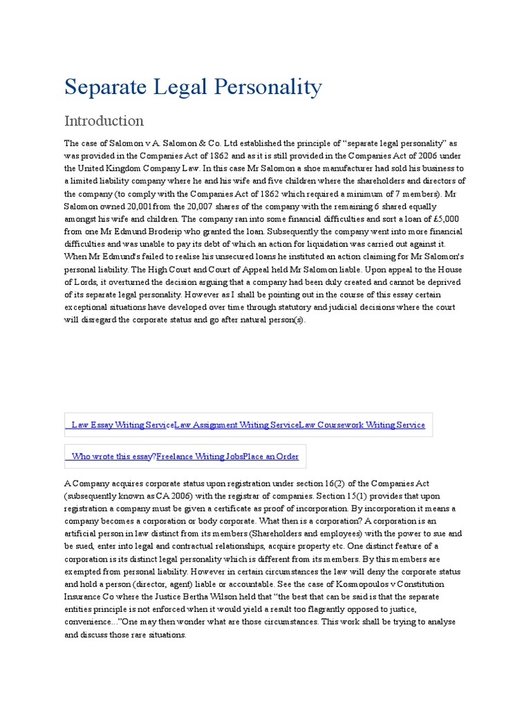 Separate Legal Personality | PDF | Legal Personality | Piercing The ...
