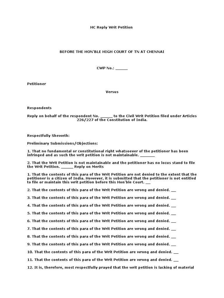 HC Reply Writ Petition | Writ | Virtue