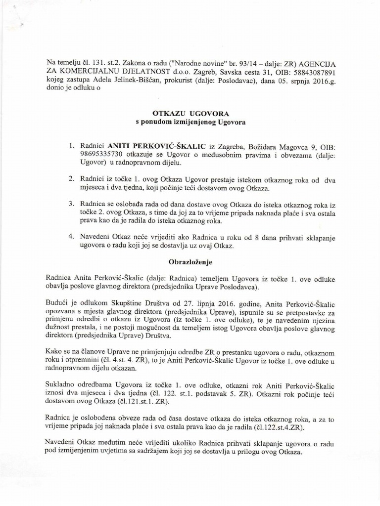 Otkaz Ugovora S Ponudom Izmijenjenog Ugovora | PDF