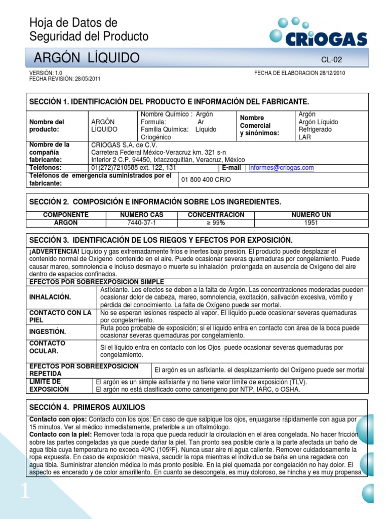 MSDS CL 02 Argon Liquido | PDF | Oxígeno | Quemar