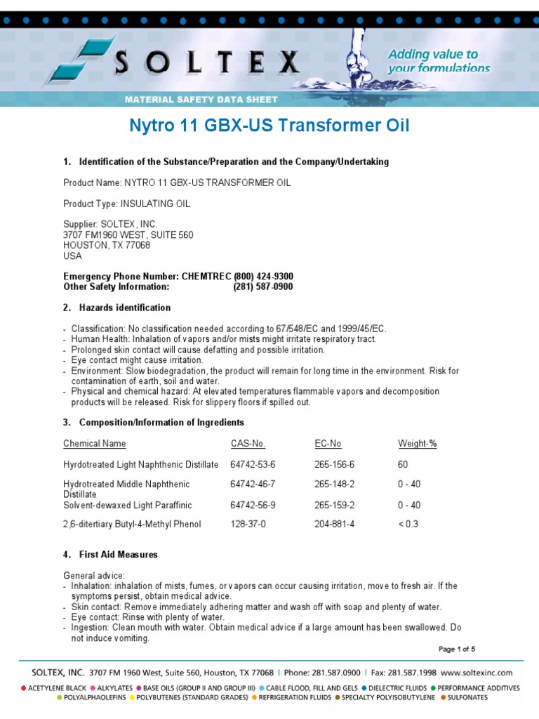 MSDS Type II Nytro 11 GBX US Transformer Oil 11-08-10 | PDF | Toxicity ...