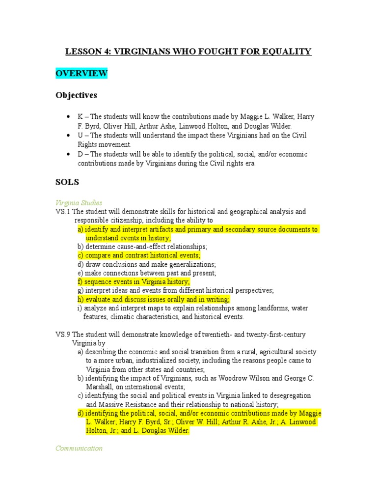 Lesson 4: Virginians Who Fought For Equality Objectives: Virginia ...
