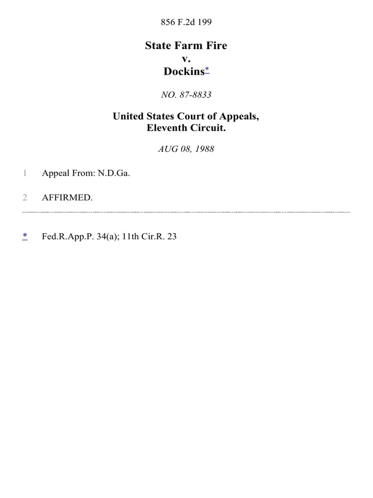 State Farm Fire v. Dockins, 856 F.2d 199, 11th Cir. (1988) | PDF