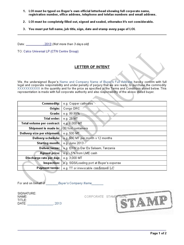Letter of Intent for the Purchase of Copper Cathodes from the ...