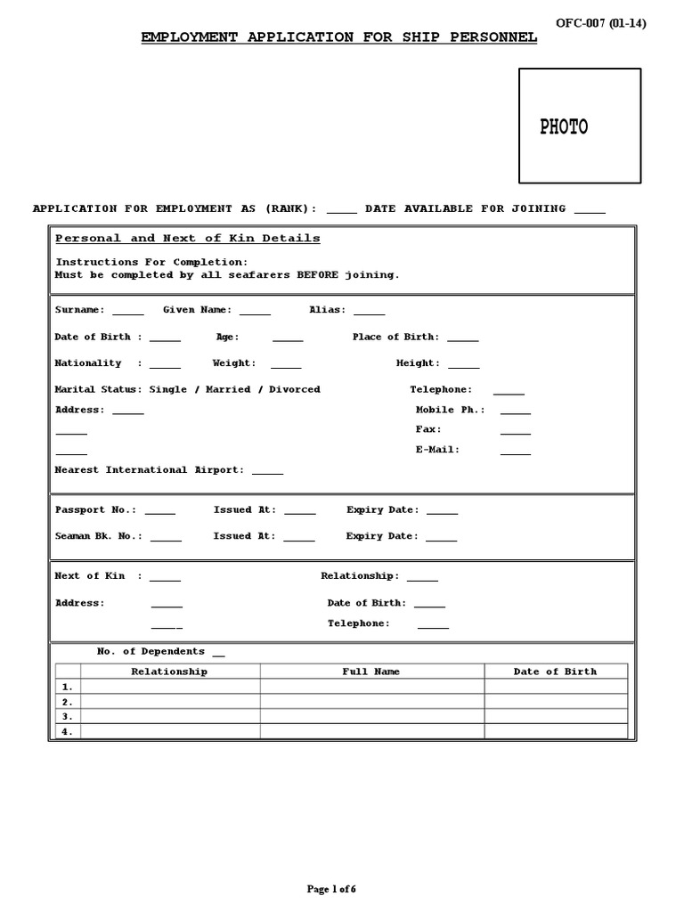Photo: Employment Application For Ship Personnel | Download Free PDF ...