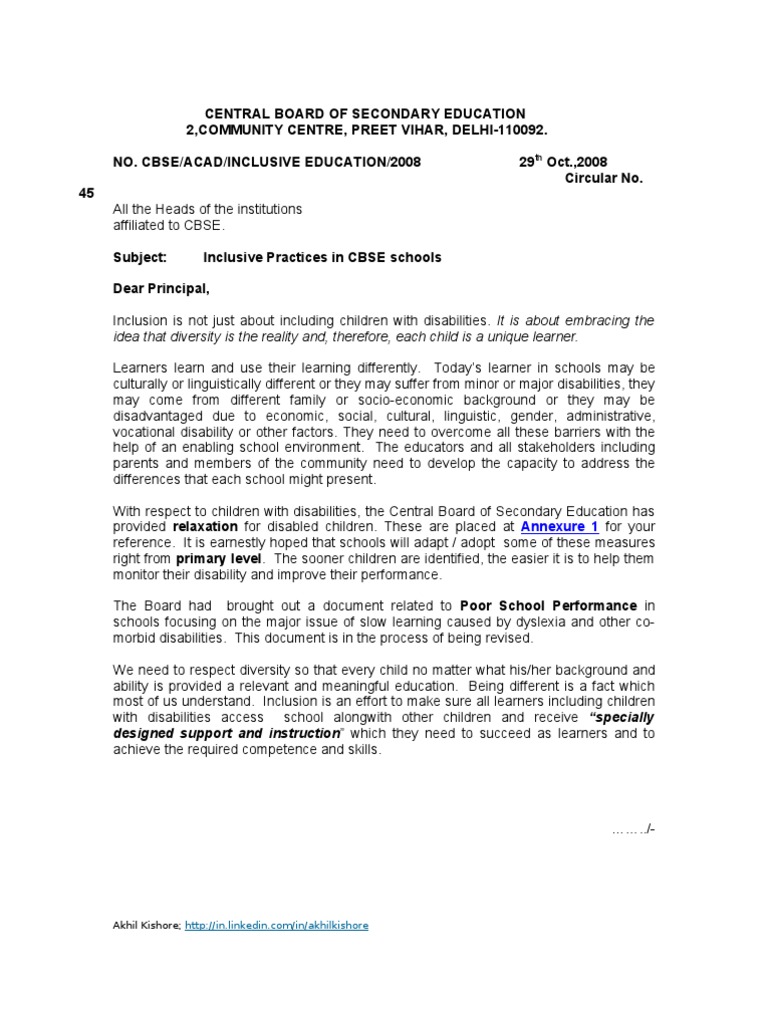 CBSE Circular On Inclusive Education | PDF