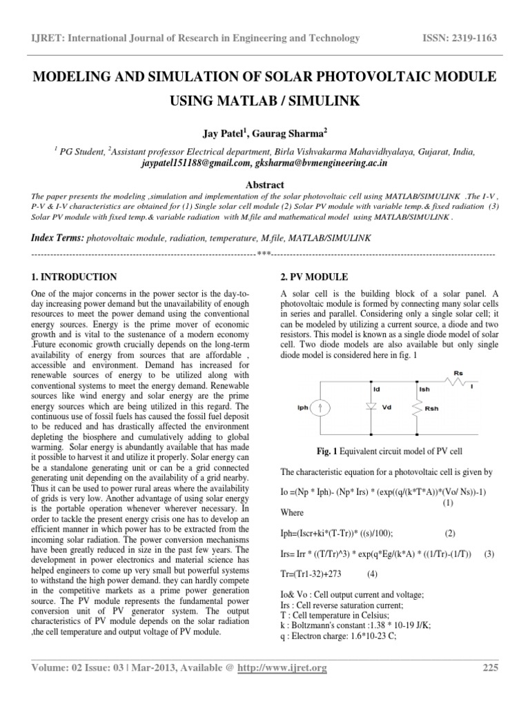 Modeling and Simulation of Solar Photovoltaic Module Using Matlab Simulink | Download Free PDF ...