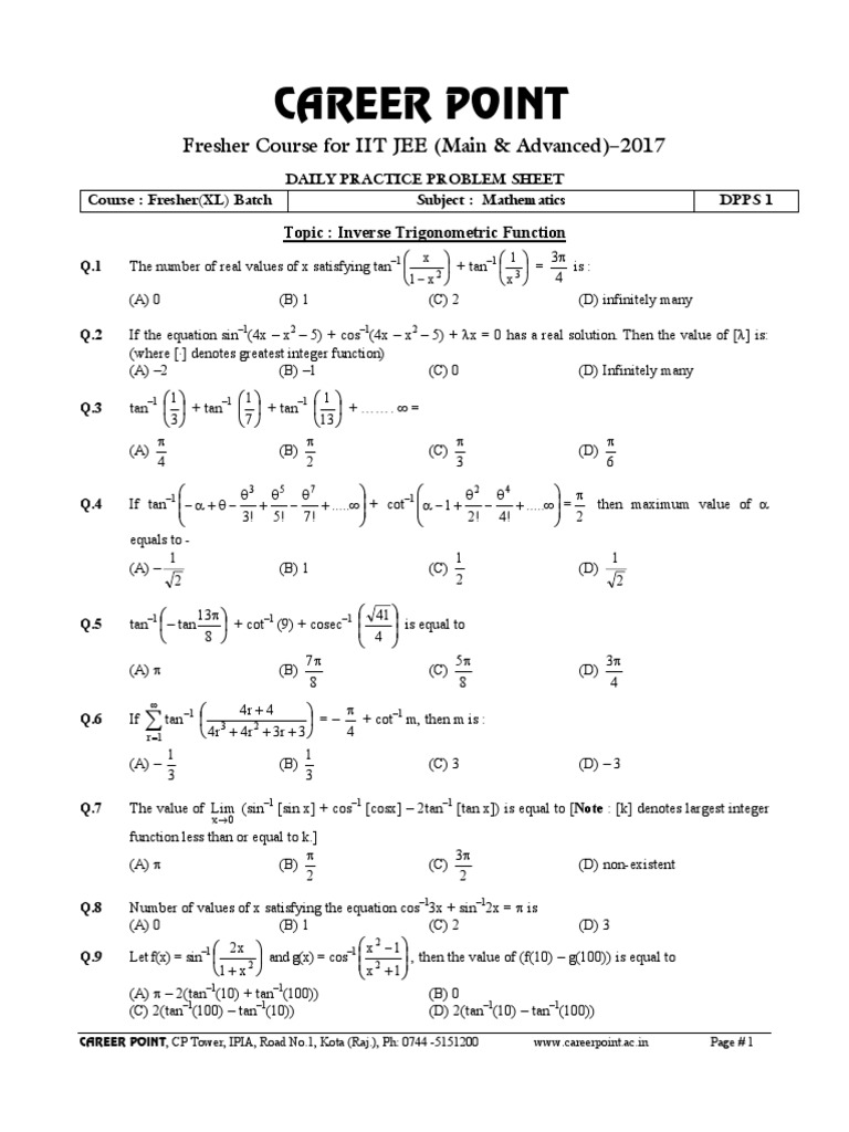 Inverse Trignometry DPP | PDF | Trigonometric Functions | Sine