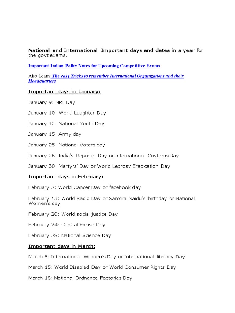 National and International Important Days PDF | Download Free PDF ...