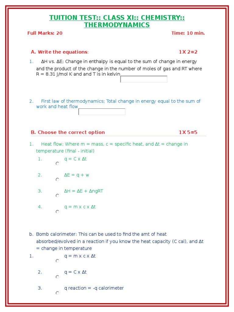 Thermochemistry Test | PDF | Enthalpy | Heat
