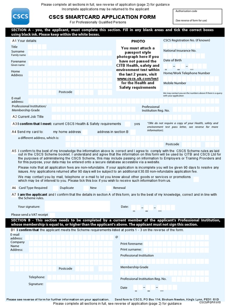 Cscs Smartcard Application Form: Photo | PDF | Business | Computing And ...