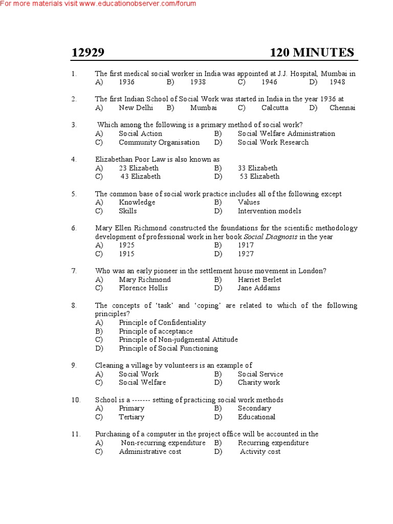 UGC NET Model Question Paper 2 Social Work PDF | PDF | Psychotherapy ...