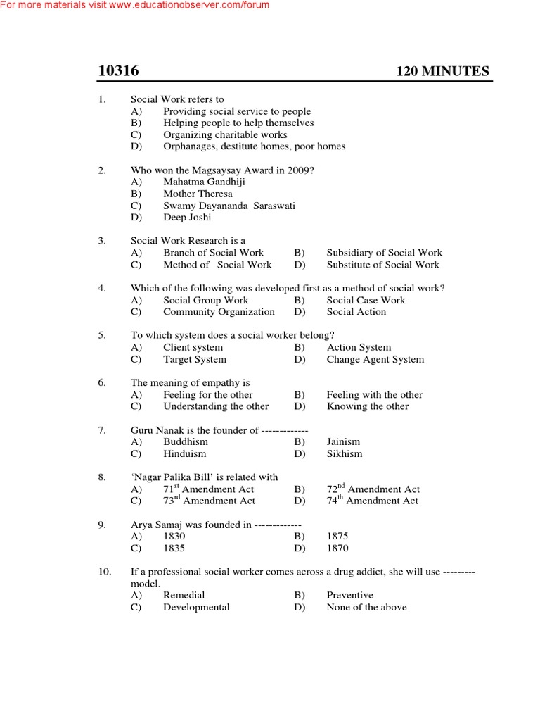 UGC NET Model Question Paper 1 Social Work PDF | PDF | Psychotherapy ...