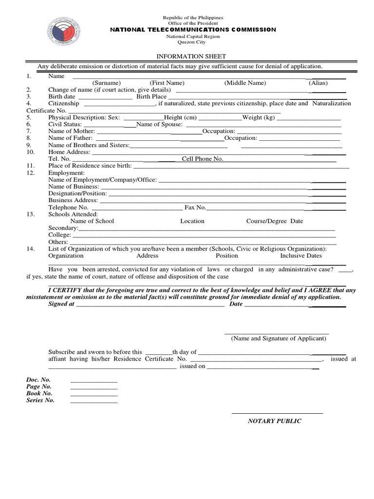 Personal Information Sheet Template | PDF | Social Science | Law