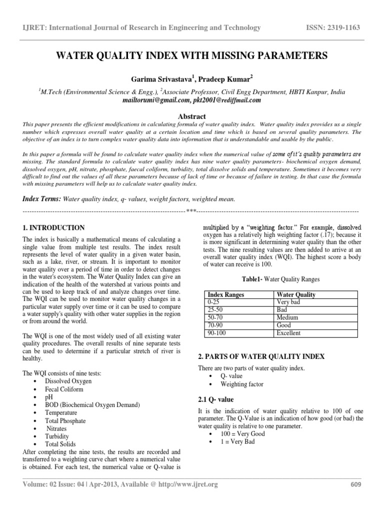 Water Quality Index With Missing Parameters | PDF | Water Quality | Nitrate