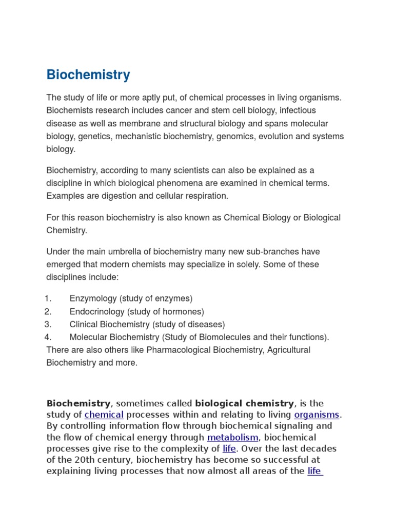 Biochemistry: Biochemistry, Sometimes Called Biological Chemistry, Is ...