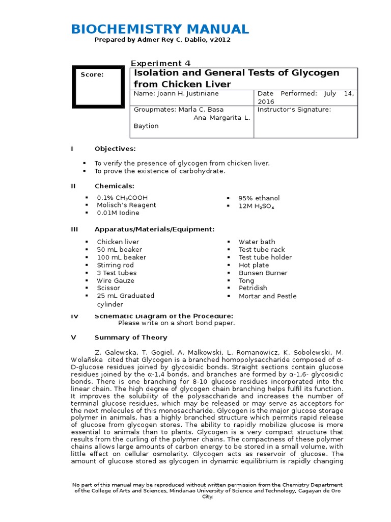 Glycogen Isolation from Chicken Liver | PDF | Glucose | Carbohydrates