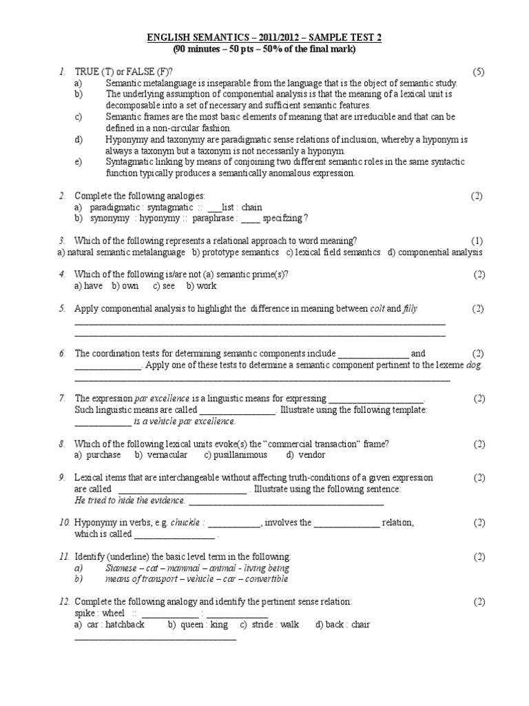 Sample Test 2 - English Semantics 2011-2012 | PDF | Semantics | Lexical ...