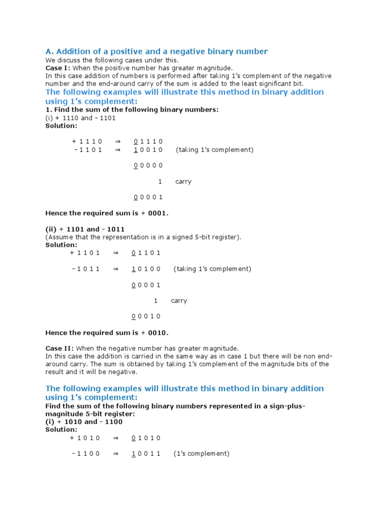 The Following Examples Will Illustrate This Method In Binary Addition