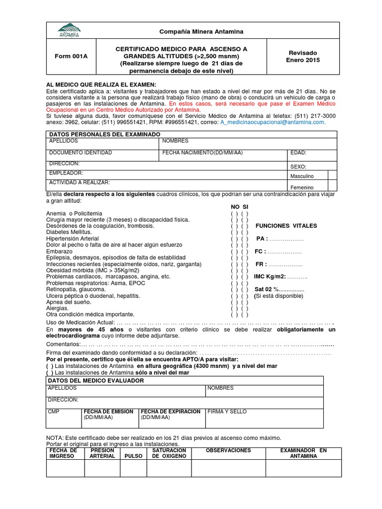 Form 001A. Certificado Médico de Ascenso A Altura15 PDF | PDF