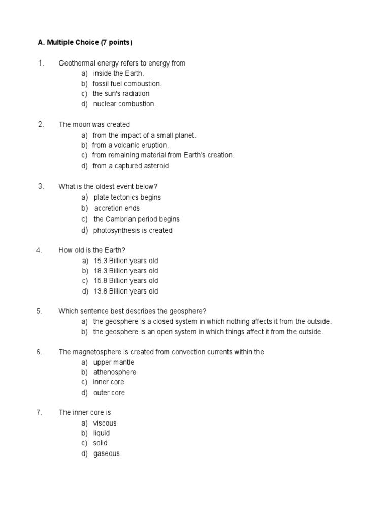 A. Multiple Choice (7 Points) | PDF | Earthquakes | Plate Tectonics