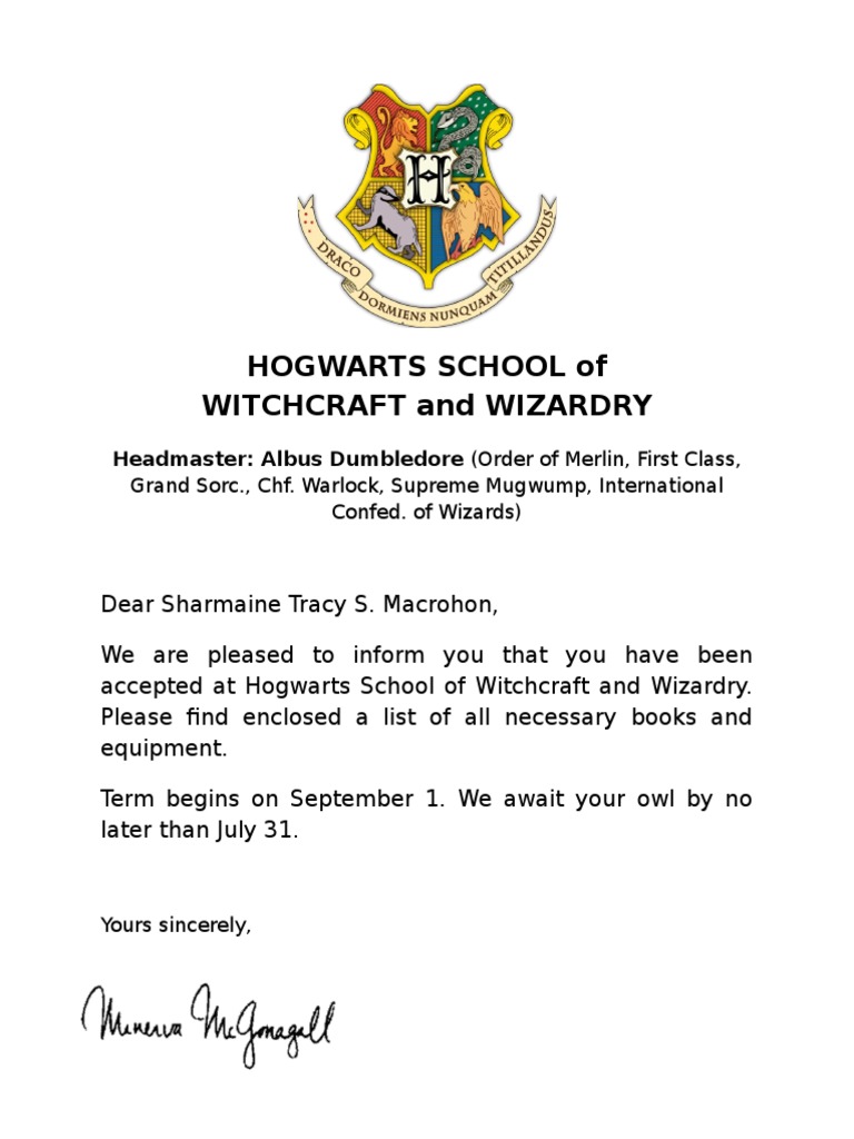 Hogwarts School of Witchcraft and Wizardry: Headmaster: Albus ...