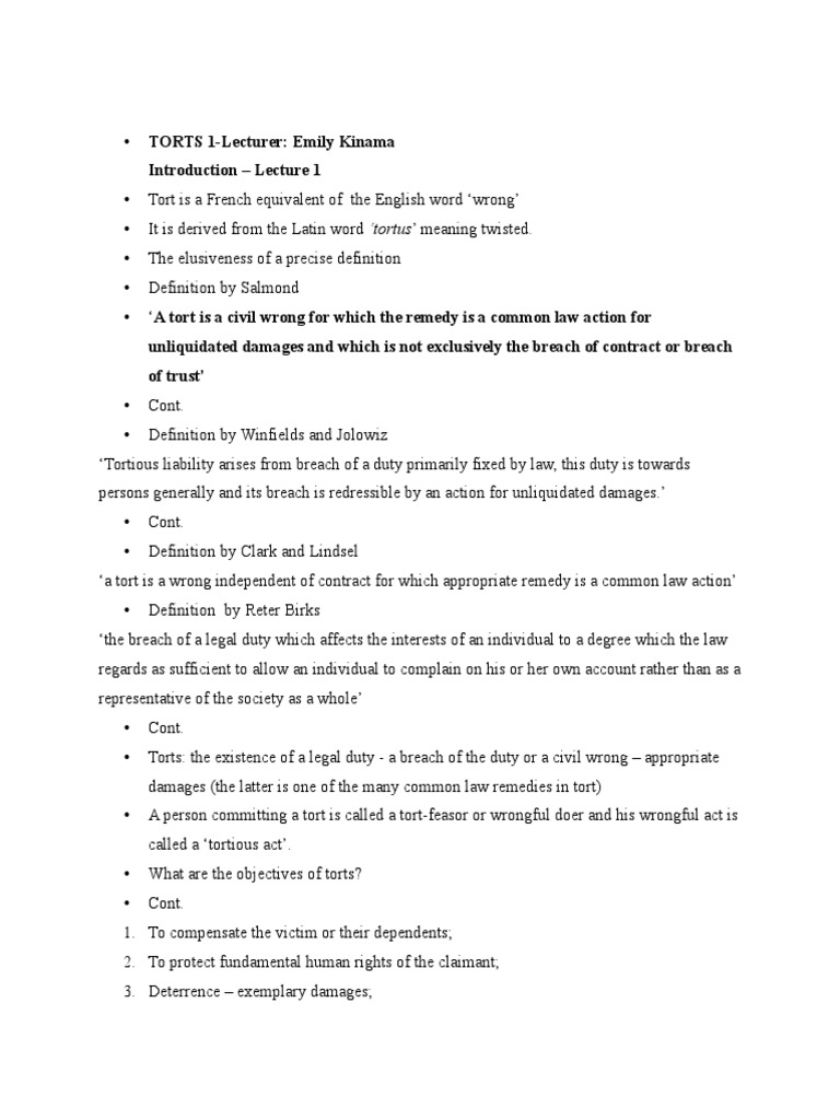 Law of Torts 1 Lecture Notes | PDF | Tort | Damages