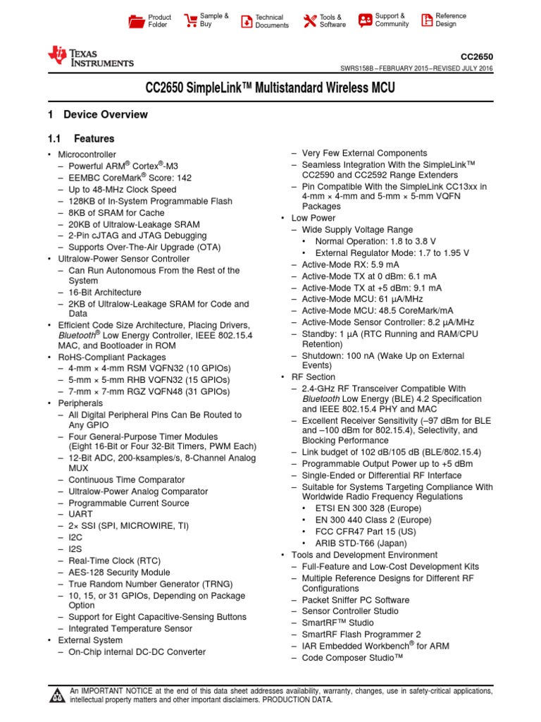 cc2650 Datasheet | PDF | Microcontroller | Electrostatic Discharge