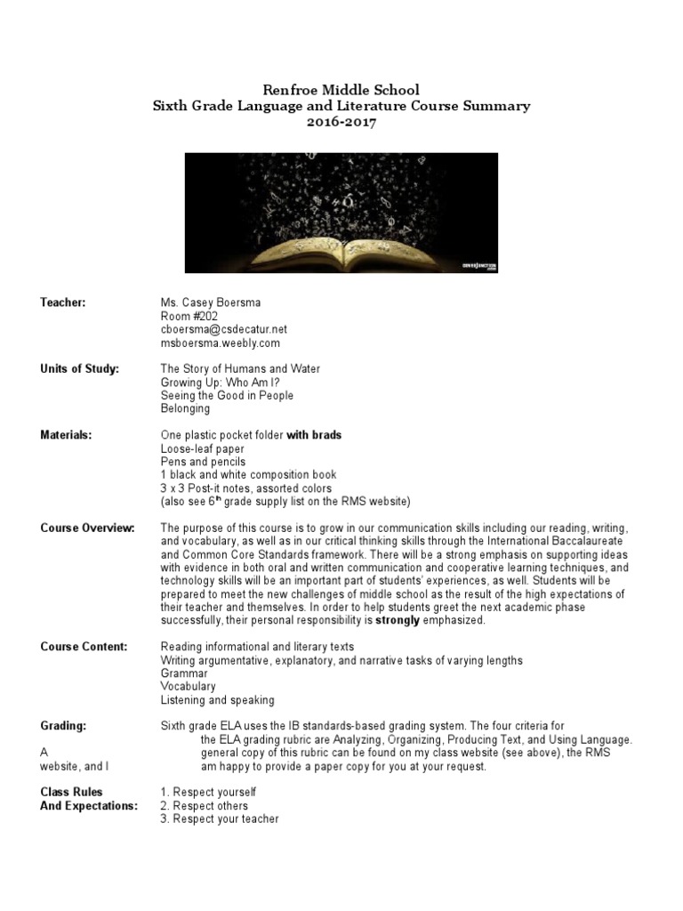 6th Grade ELA Course Overview 2016-2017 | PDF | Teachers | Classroom