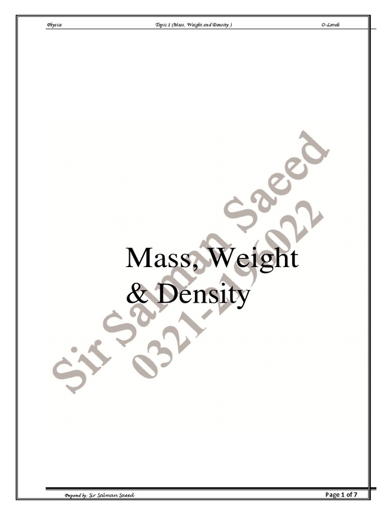 Notes Physics Mass, Weight, Density | PDF | Mass | Gravity