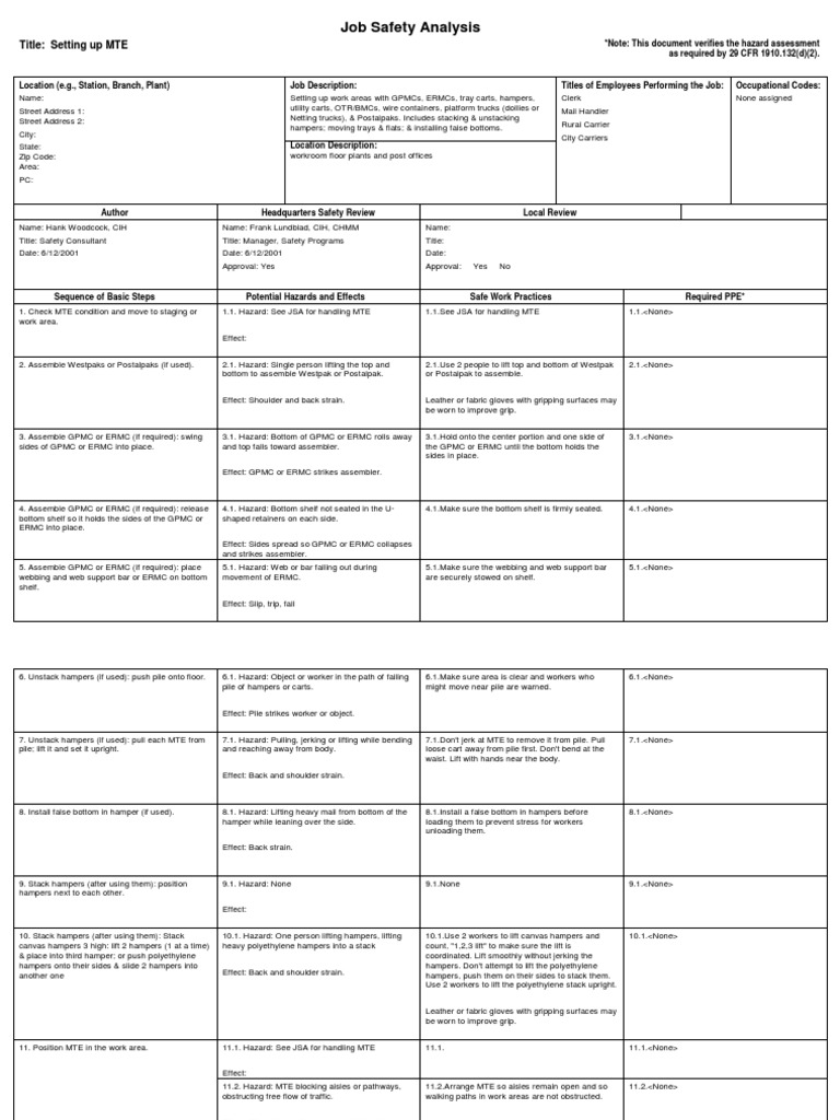 JSA - Setting Up MTE | Risk Assessment | Glove
