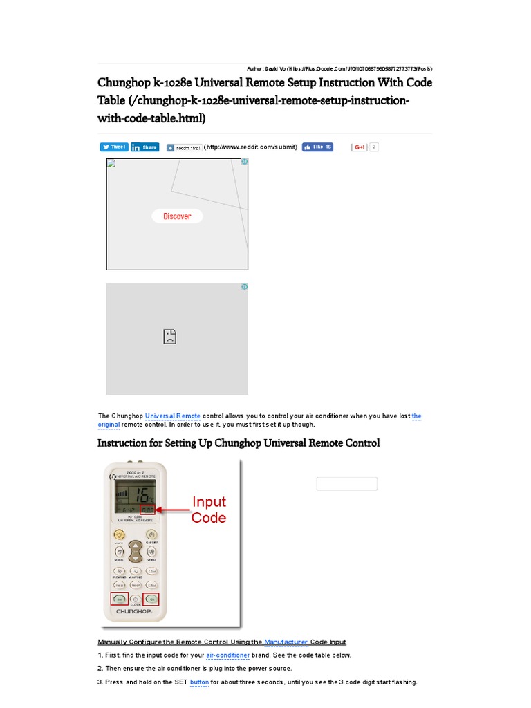 Chunghop K-1028e Universal Remote Setup Instruction With Code Table ...