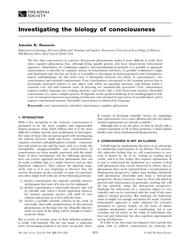 Investigating The Biology of Consciousness | PDF | Consciousness | Mind