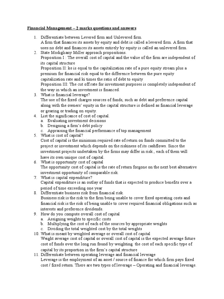 Financial Management - 2 Marks Questions and Answers | PDF | Cost Of ...