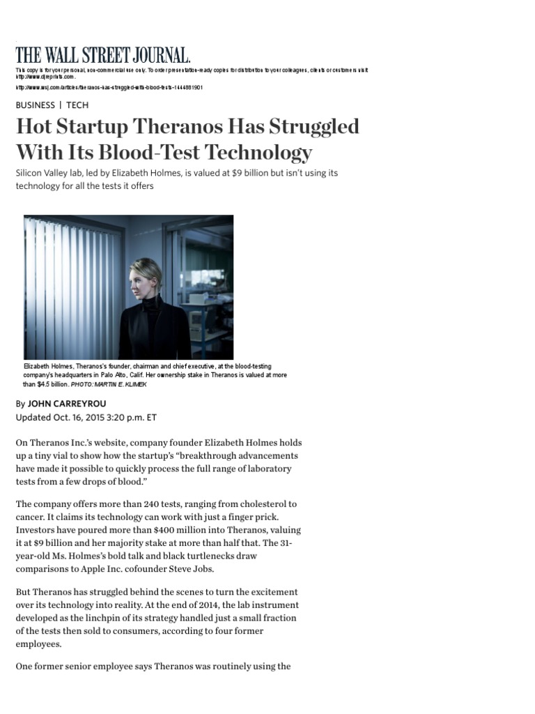 Hot Startup Theranos Has Struggled With Its Blood-Test Technology - WSJ ...