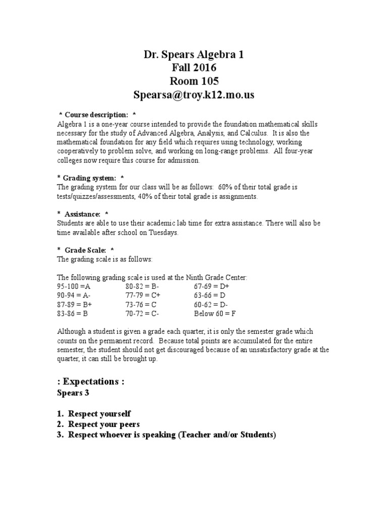 Algebra 1 Syllabus Fall 2016 | PDF | Homework | Algebra