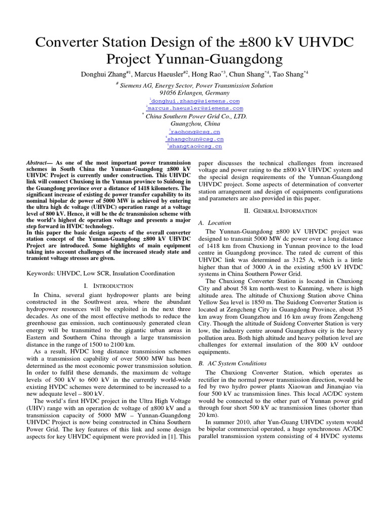 Converter Station Design of The 800 KV UHVDC Project Yunnan-Guangdong ...