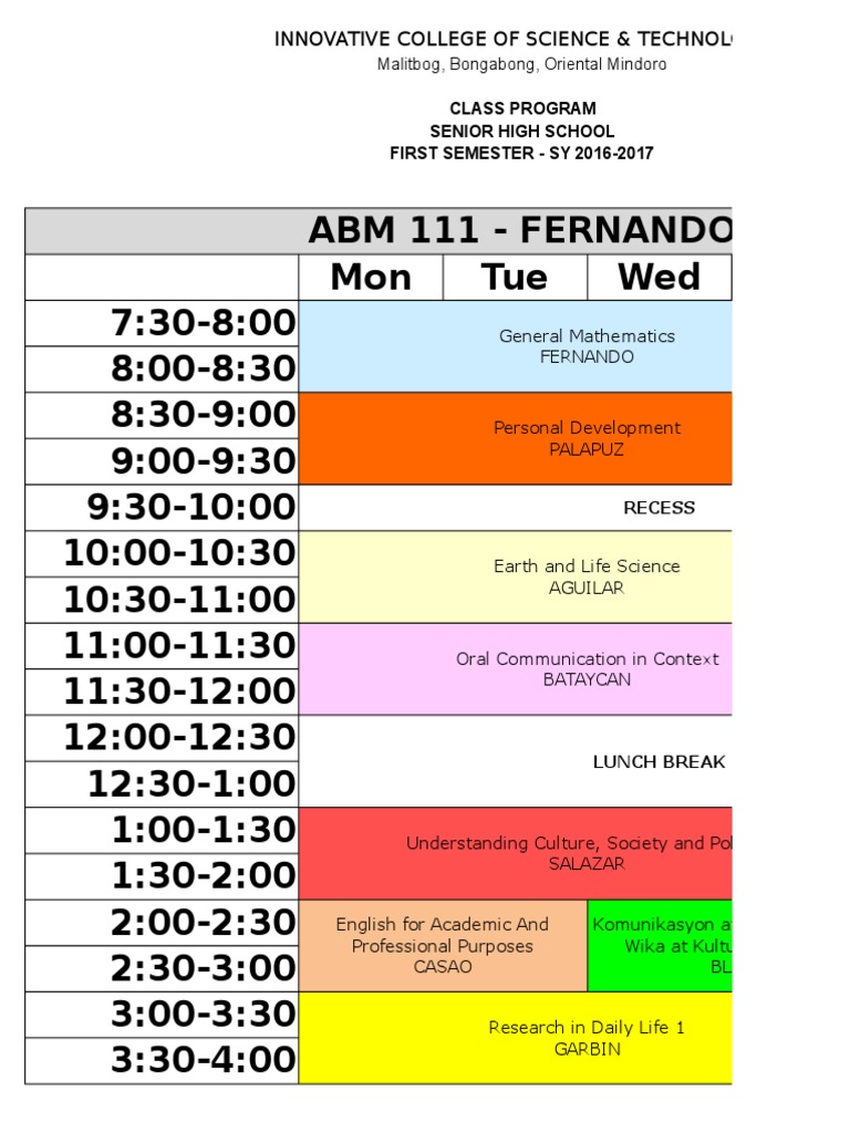 Schedule - SHS 1st Sem 2016-2017 (Revised) | PDF | Academia | Science