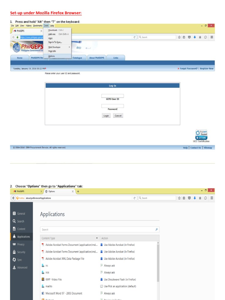 Set-Up Under Mozilla Firefox Browser:: 1. Press and Hold "Alt" Then "T ...