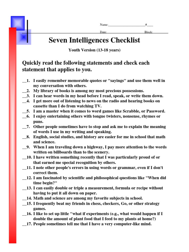 Seven Intelligences Checklist: Quickly Read The Following Statements ...