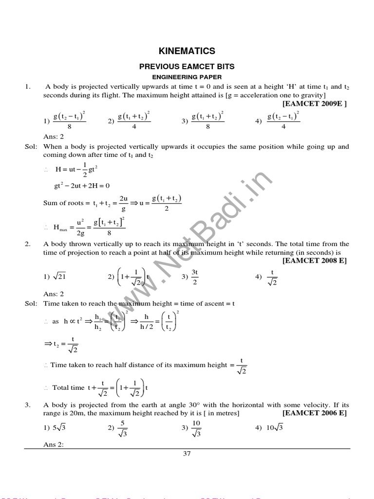 Kinematics: Previous Eamcet Bits | PDF | Trigonometric Functions | Kinematics