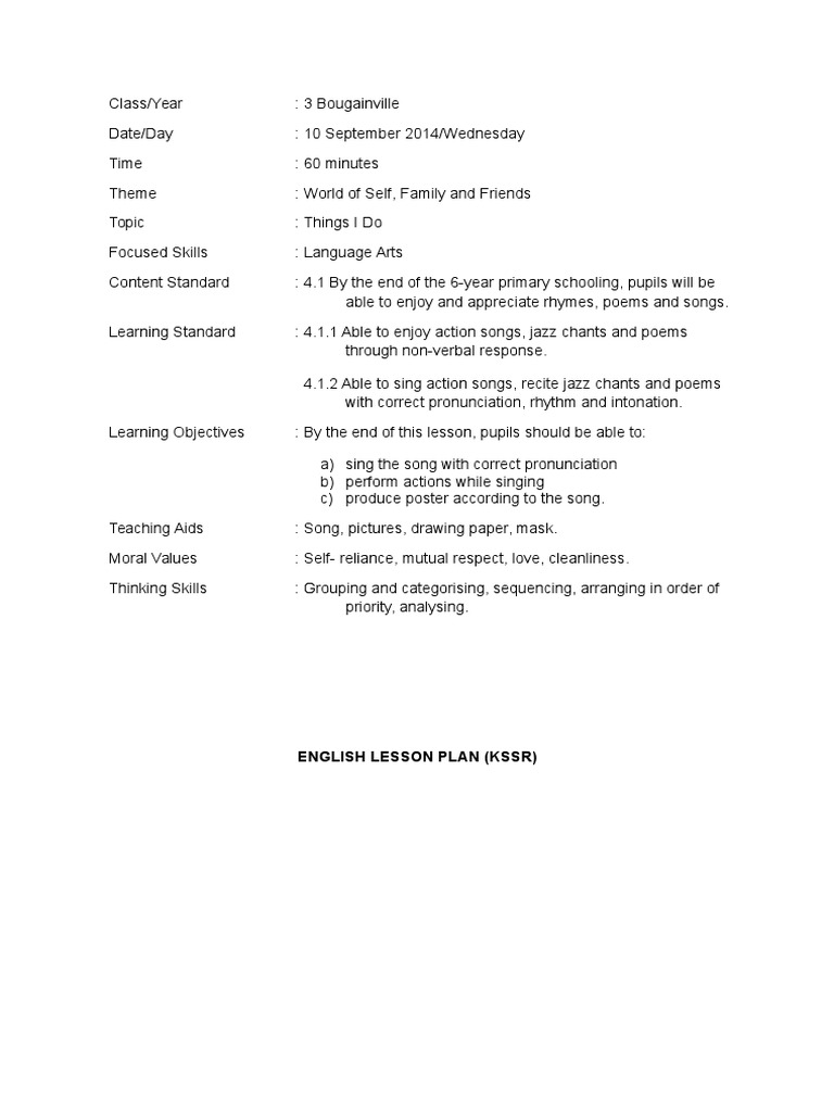 English Lesson Plan (KSSR) | PDF | Lesson Plan | Cognitive Science