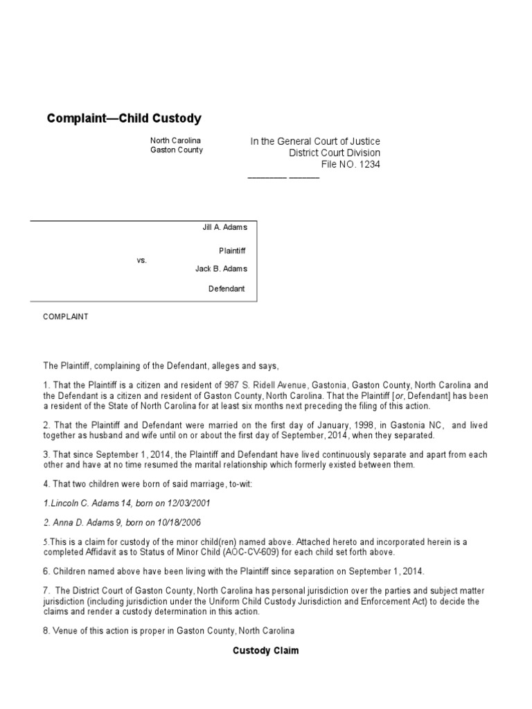 Ncchildcustodycomplaint 1 | PDF | Child Custody | Jurisdiction