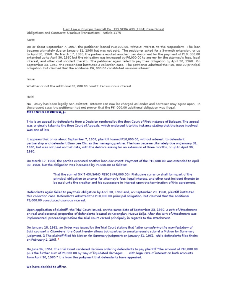 Liam Law Vs Olympic Sawmill | PDF | Usury | Loans